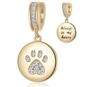 18k yellow gold plated dog paw print cz charm pendant, 925 sterling silver always in my heart puppy/cat pawprint beads fit pandora bracelet, gift for my first mothers day