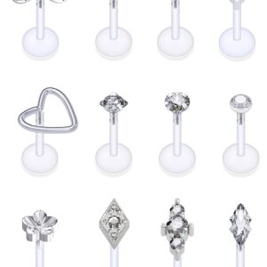 Jenxnjsjo Plastic Threaless Cartilage Earring Labret Lip Rings Ashley 16g 8mm 16 Gauge Surgical Steel Clear Flat Back Tragus Helix Conch Medusa Monroe Piercing Jewelry for Women Internally Threaded