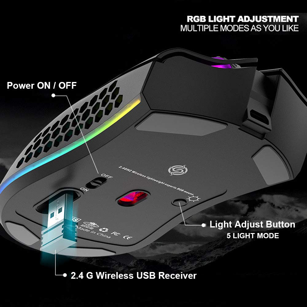 Lightweight Gaming Mouse,Rechargeable Wireless Gaming Mouse with USB Receiver RGB Backlight Computer Mouse for Laptop PC