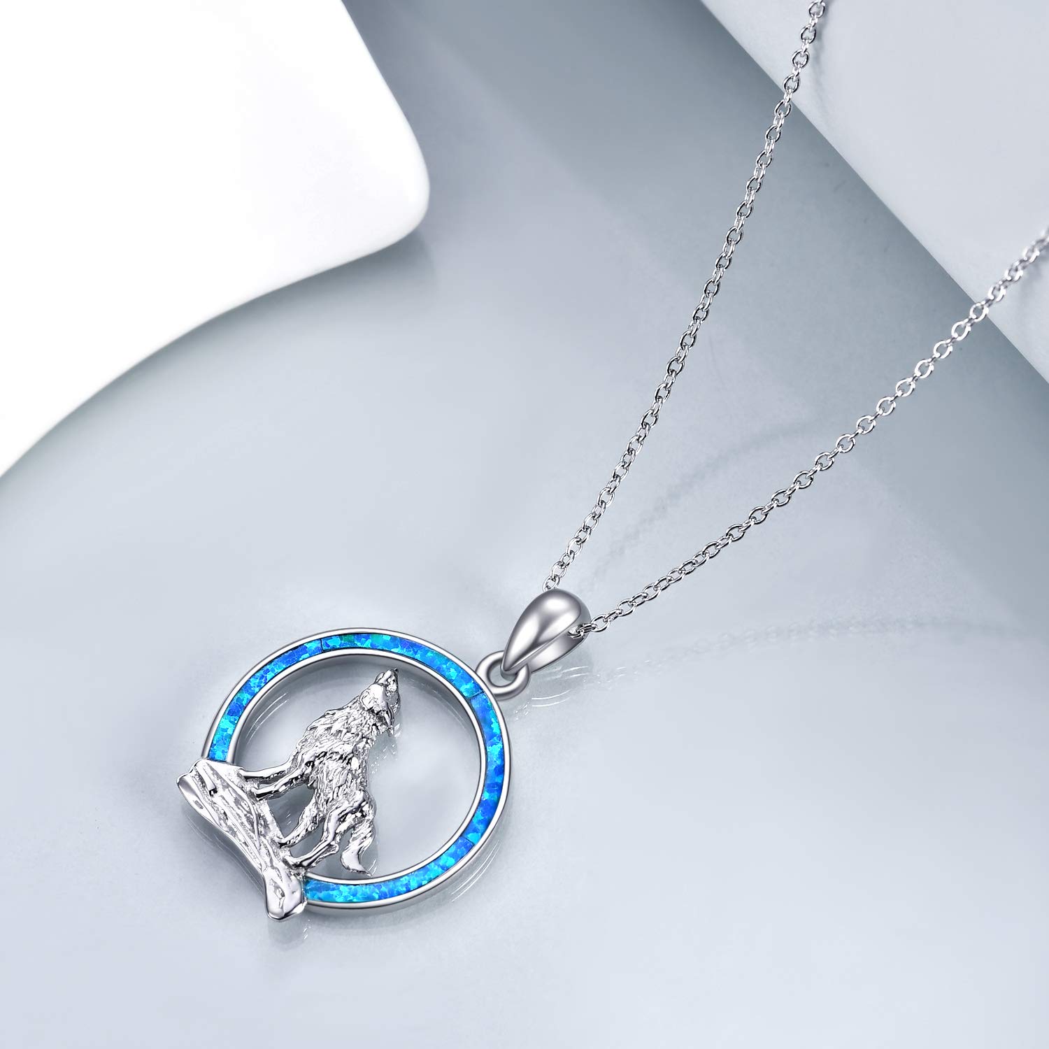 YFN Wolf Necklace Gifts for Men Women Sterling Silver Opal Moon Wolf Jewelry Birthday for Wolf Lover 18"