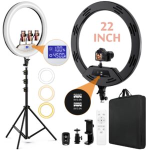 22" led ring light with stand 75" tripod for iphone,lcd display/3+1 phone clips/ 2 usb ports/wireless remote, adjustable 2600k-6500k color temperature, for youtube facebook tiktok video recording vlog