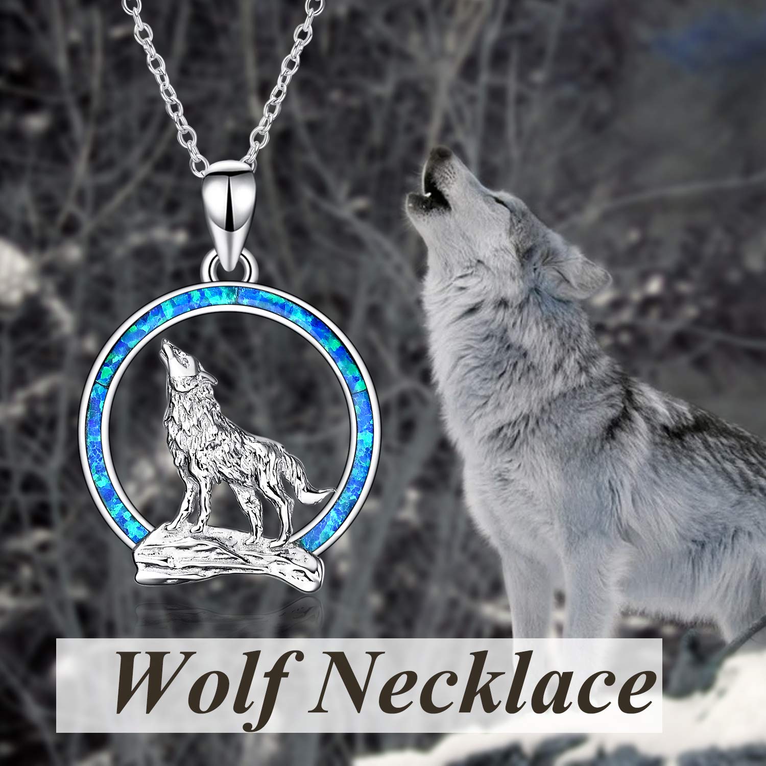 YFN Wolf Necklace Gifts for Men Women Sterling Silver Opal Moon Wolf Jewelry Birthday for Wolf Lover 18"