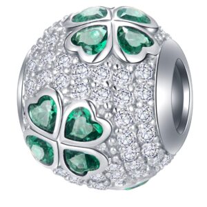 sparklig pave green 4 leaf clover charms in 925 sterling silver, irish shamrock cz round ball beads fit pandora st patricks bracelet, gift for mothers day/valentines