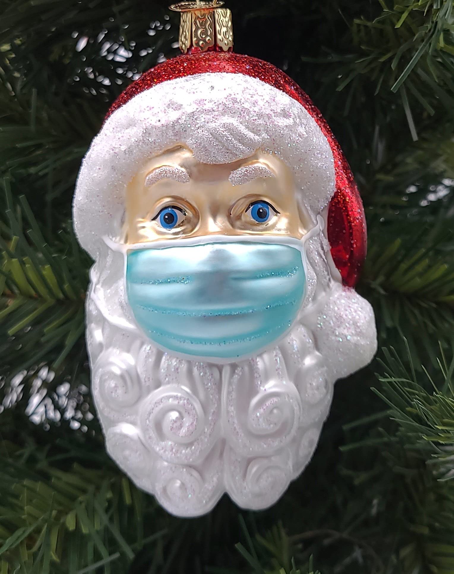 Old World Christmas Santa with Face Mask Blown Glass 2020 Unique Christmas Ornaments for Christmas Tree Decorations