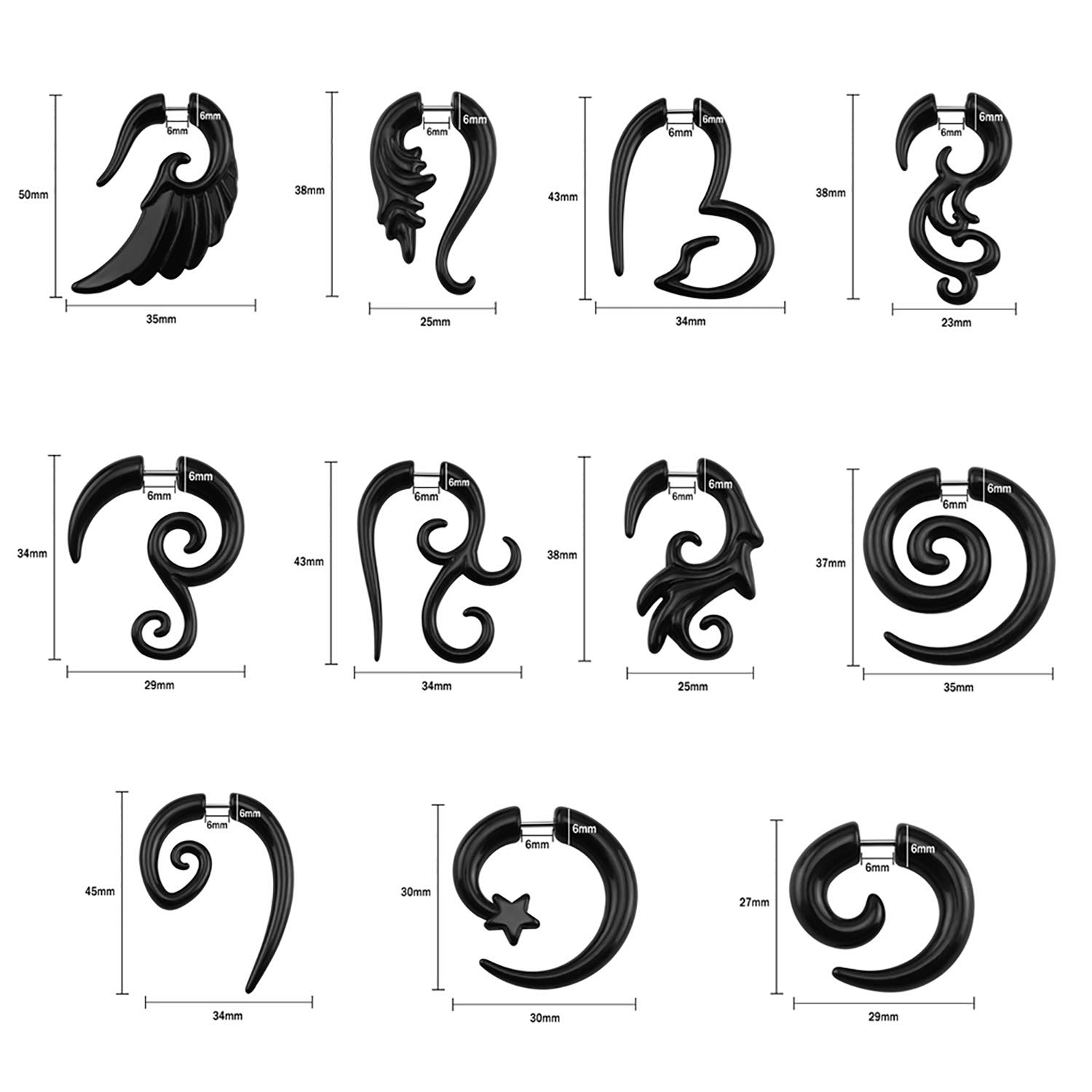 16g Graceful Tribal Spiral Fake Gauges Acrylic Ear Tapers Fake plugs Horn stud earrings (11 Pairs Mixed-styles)