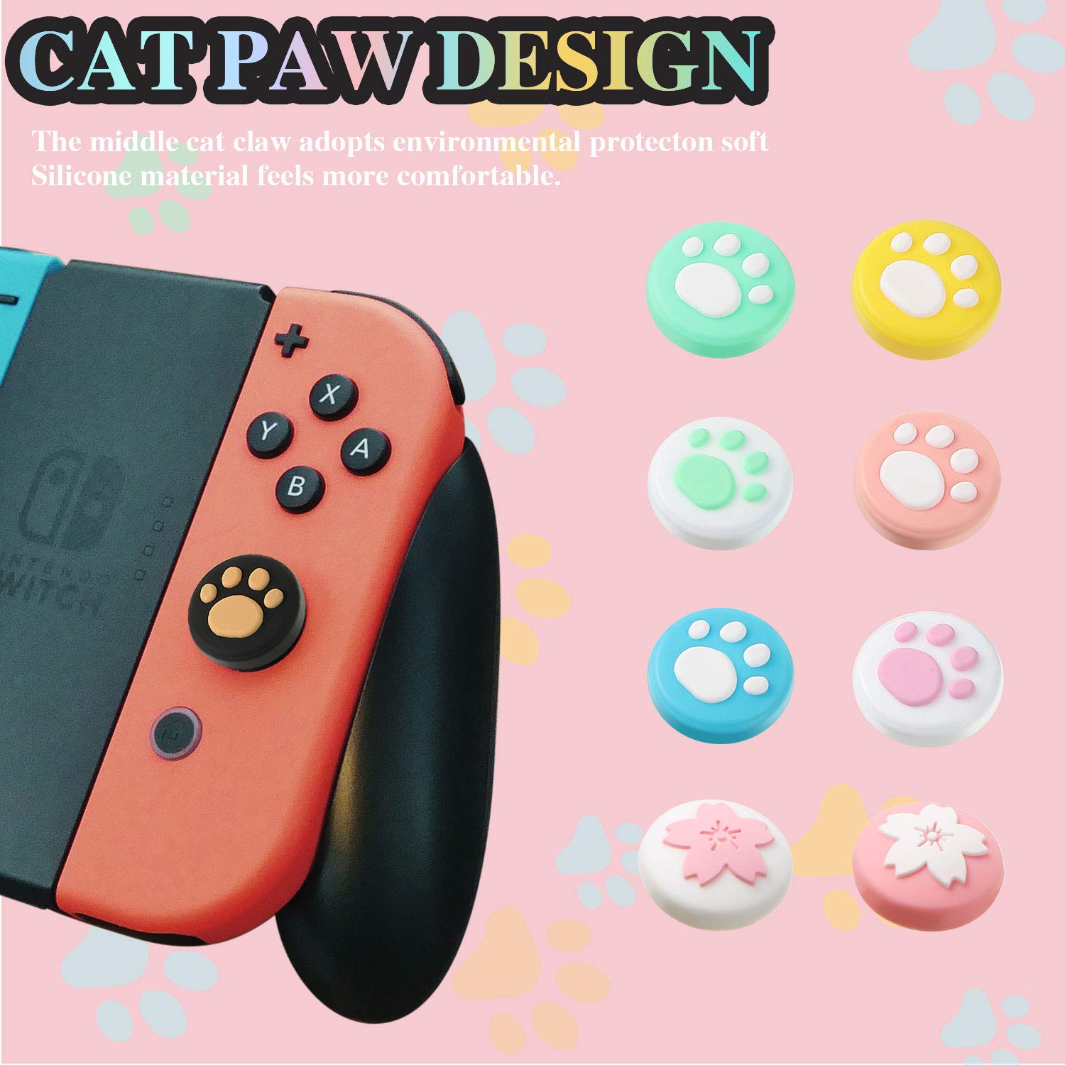 Sumind 28 Pcs Thumb Grip Joystick Caps, Replacement Cute Cat Paw Flower Shape, Silicone Joystick Cover, Colorful Replacement Thumb Grip Covers Compatible with Nintendo Switch, Switch Lite Controller