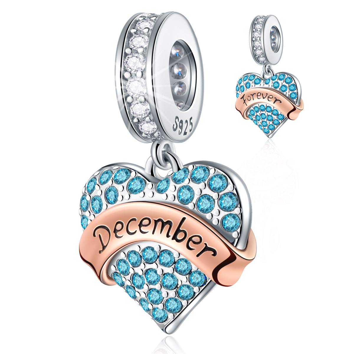 2024 December Birthstone Charms fits Pandora Bracelet, Sparkling Pave Heart Turquoise CZ Forever Love Pendant in 925 Sterling Silver, Gifts for Christmas/Valentines Day/Mothers