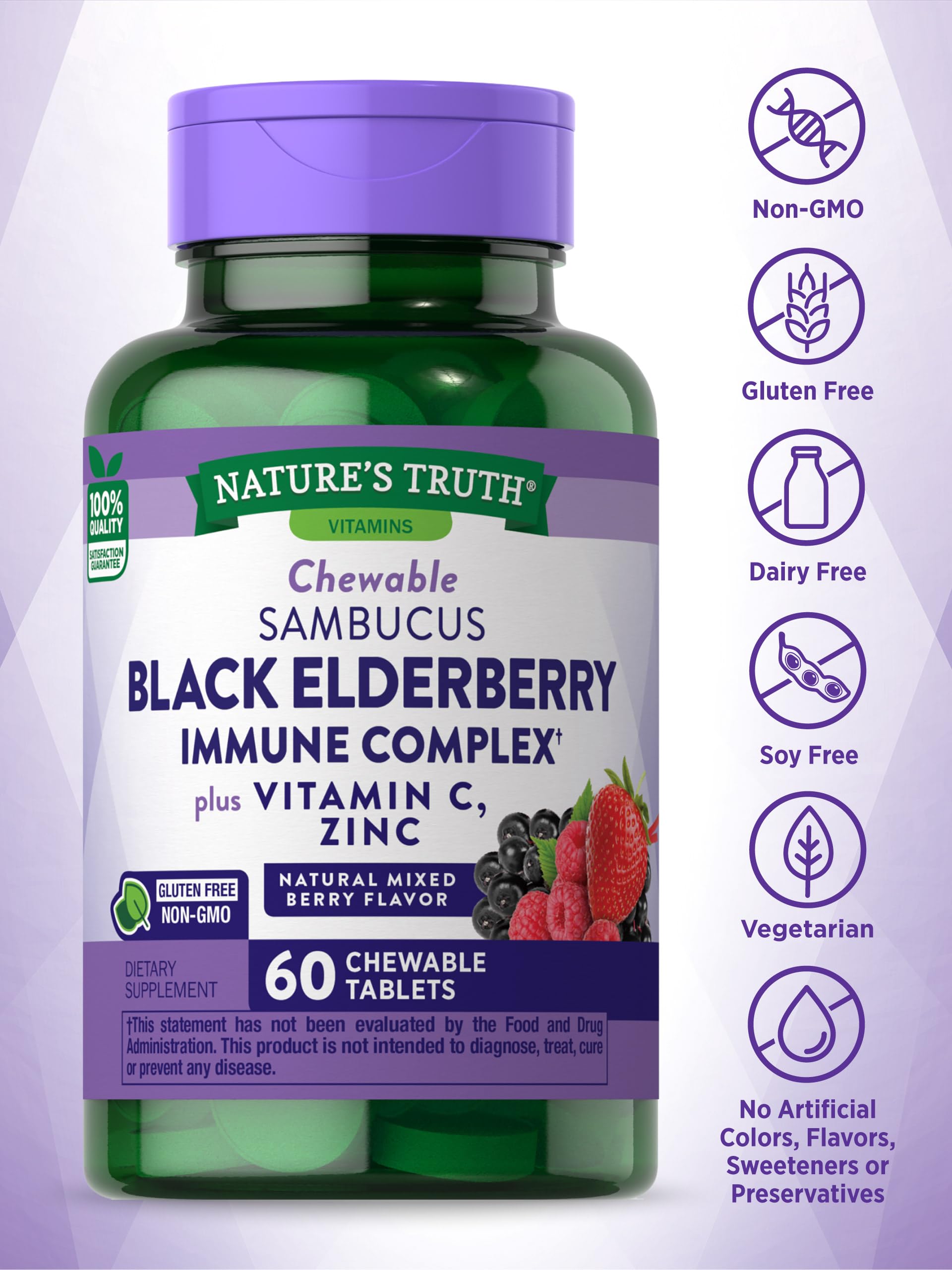 Black Elderberry Immune Complex | 60 Chewable Tablets | Plus Vitamin C & Zinc | Natural Mixed Berry Flavor | Vegetarian, Non-GMO, and Gluten Free Formula | By Nature's Truth