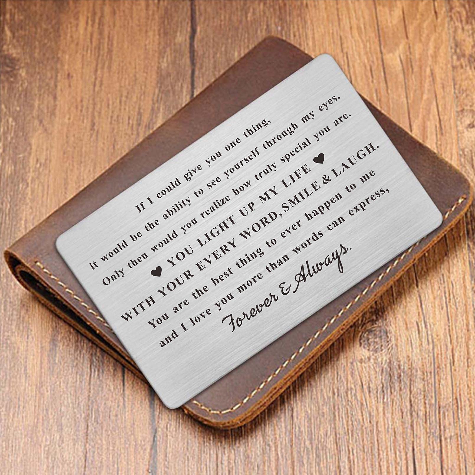 Engraved Wallet Card Inserts for Husband Boyfriend Him, Anniversary Metal Gifts, Mini Love Note for Wife Girlfriend Her, Romantic Valentines Christmas Presents