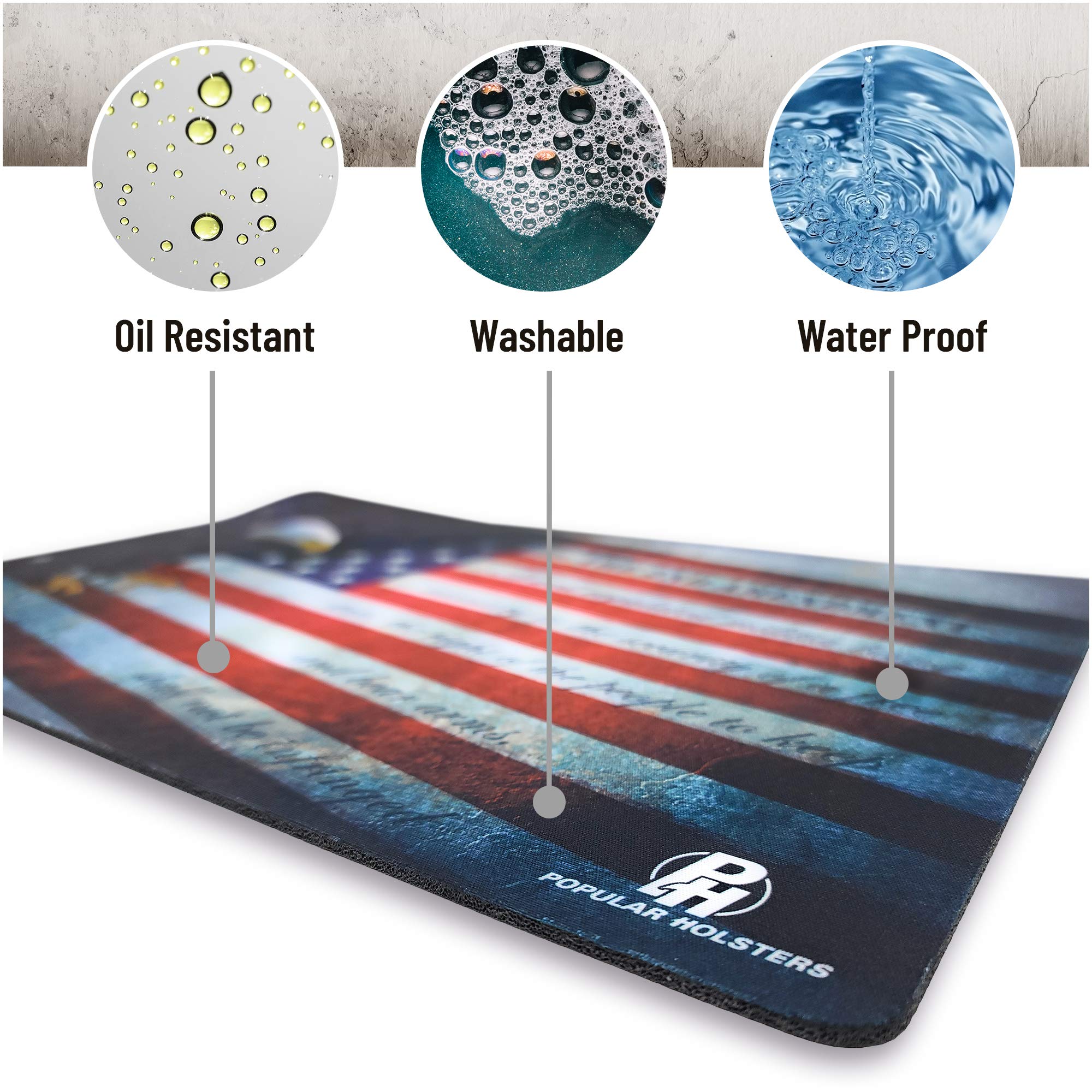 Gun Cleaning Mat for All Guns by PH - Gun Mat Measures 11"x17"x 0.3 mm - Oil and Solvent Resistant Padded Non-Slip - Compatible with Small to Large Pistols - Workbench Mat for Firearm (Flag+2ndAmnd)