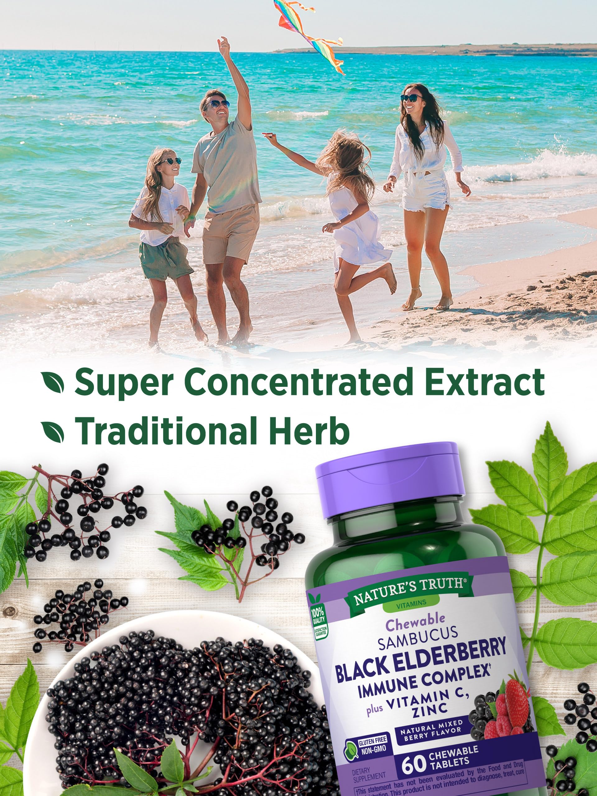 Black Elderberry Immune Complex | 60 Chewable Tablets | Plus Vitamin C & Zinc | Natural Mixed Berry Flavor | Vegetarian, Non-GMO, and Gluten Free Formula | By Nature's Truth