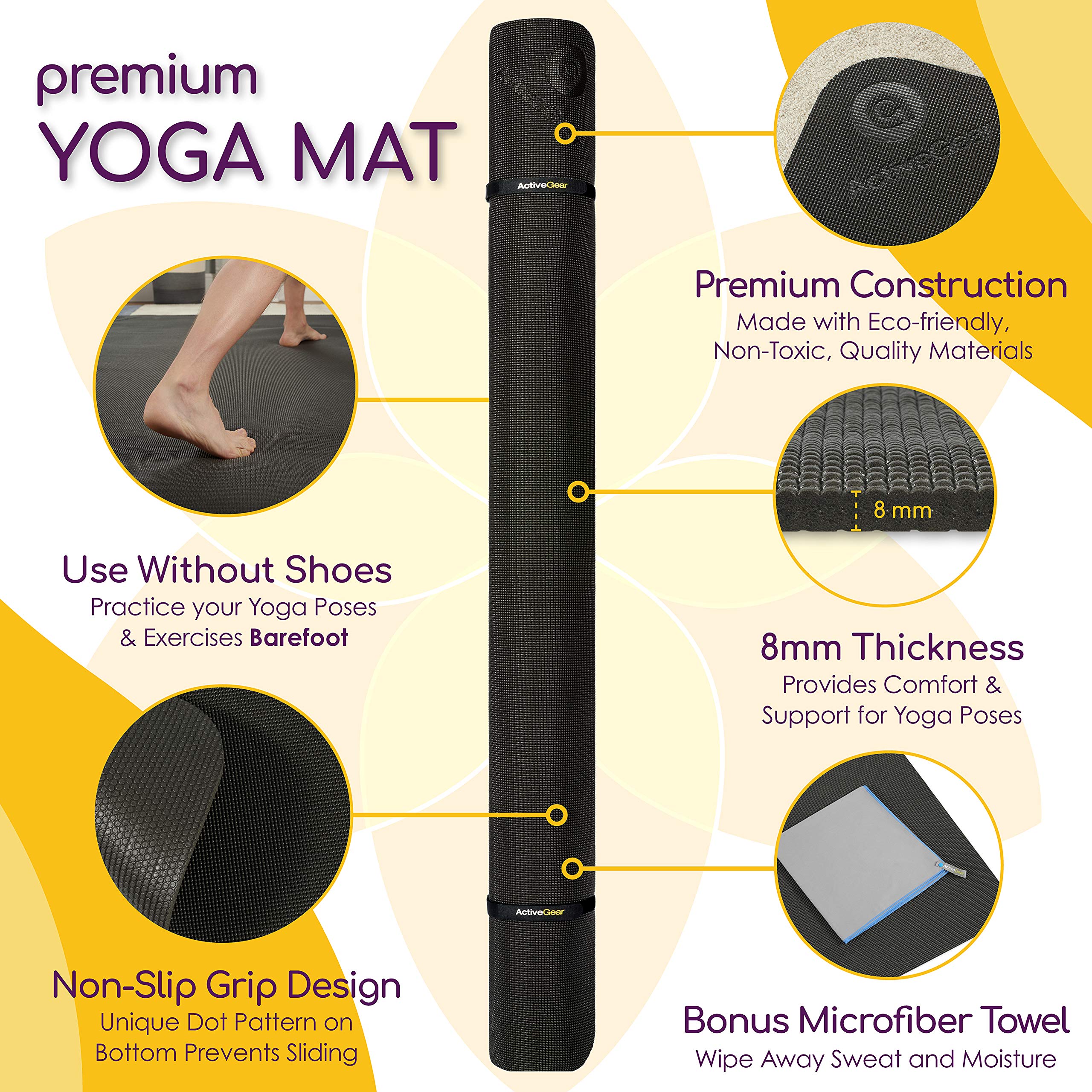 Large Yoga Mat 6'x4'x8mm Extra Thick, Durable, Non-Slip & Odorless Barefoot Exercise and Premium Fitness Home Gym Flooring Mat by ActiveGear - Black