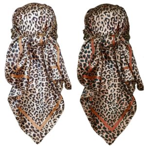 woogwin 2 pack 35" satin silk like hair scarf bandana light head wraps neck face scarves cover for women (2pcs leopard coffee)