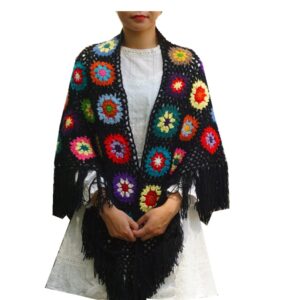 hblanket handmade crochet tassels fringed poncho cape shawls wraps granny square womens coat sweater (black) 68x33in