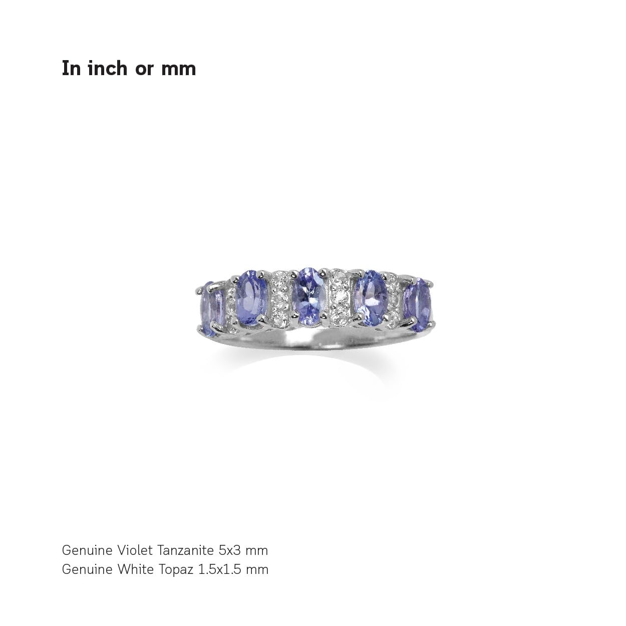 Silvershake 1.3ct. 5 Stone Genuine Tanzanite and White Topaz 925 Sterling Silver Ring Size 7.5