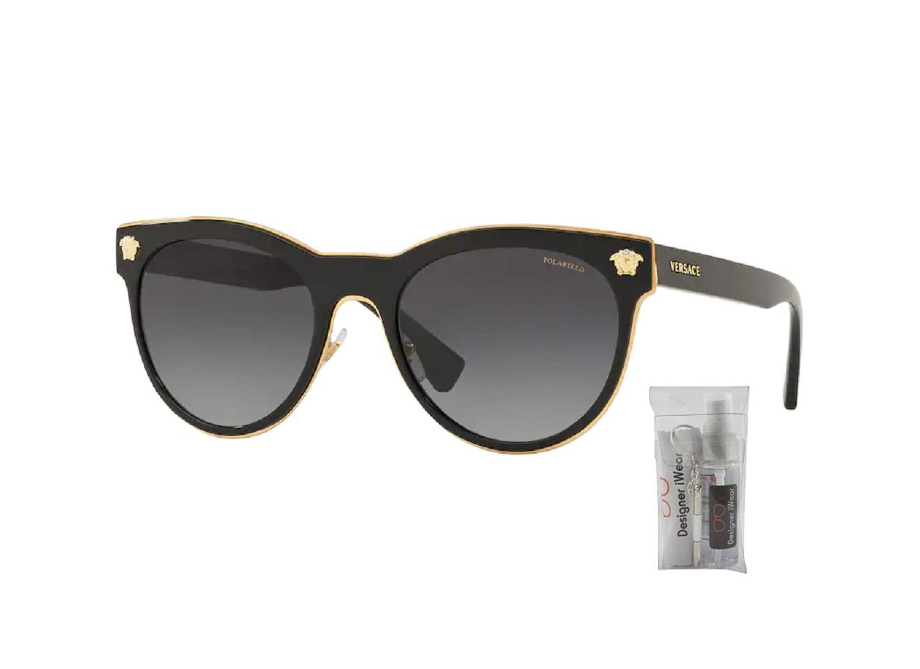 Versace VE2198 MEDUSA CHARM Round 1002T3 54M Black/Grey Gradient Polarized Sunglasses For Women+ BUNDLE With Designer iWear Eyewear Kit