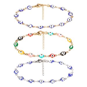 dijugs 3 pcs evil eye bracelet for women men18k gold plated stainless steel handmade adjustable amulet evil eyes jewelry for family best friends gifts (3 pcs, gold,steel,colorfule)