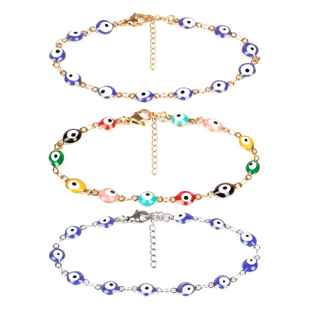 DIJUGS 3 Pcs Evil Eye Bracelet for Women Men18K Gold Plated Stainless Steel Handmade Adjustable Amulet Evil Eyes Jewelry for Family Best Friends Gifts (3 pcs, gold,steel,Colorfule)