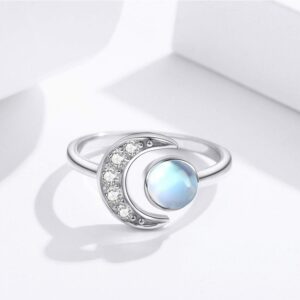 CUOKA MIRACLE Moon Ring, S925 Sterling Silver Crescent Moon Ring Synthetic Moonstone Open Ring Adjustable Ring Gift for Women (Blue)