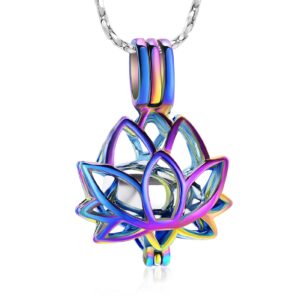 imrsanl cremation jewelry for ashes - lotus flower ashes pendant necklace with mini keepsake urn memorial ash jewelry （colorful-silver)