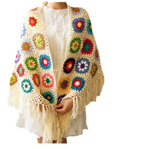 hblanket handmade crochet tassel shawls wraps granny square womens coat sweater (white) 68x33in