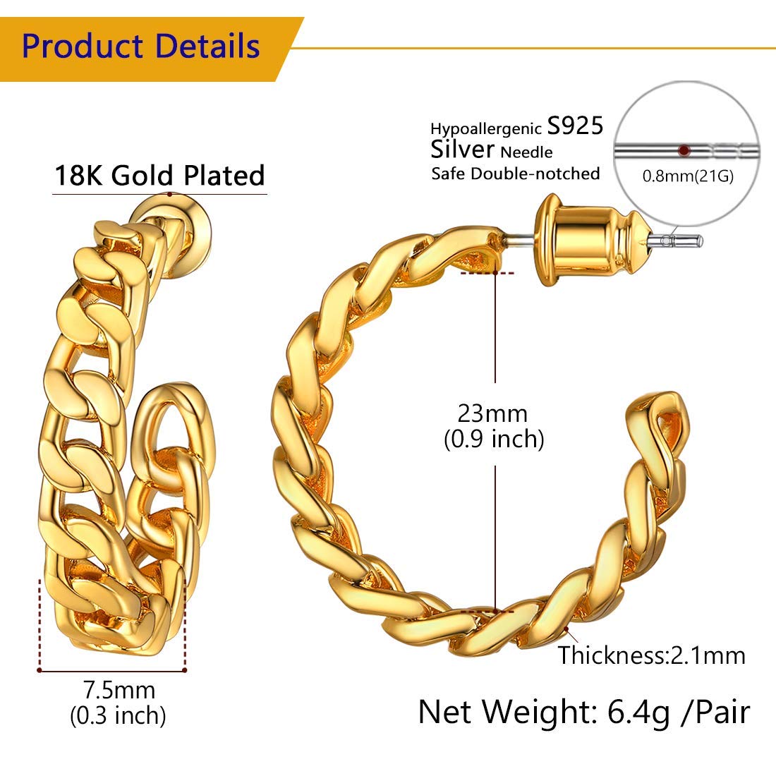 U7 Chunky Hoop Earrings for Women Surgical Stainless Steel Steel Post 14K Gold Plated Cuban Link Chain Earrings Open Cuff Hoop Earrings for Lady