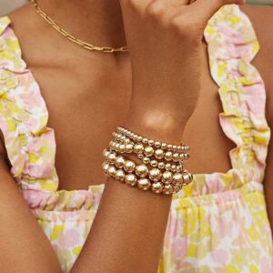 ARATLENCH Beaded Bracelet for Women Stack Stretch String Brass Ball Beads Bracelet Set for Girls (5 pcs gold beads bracelet)