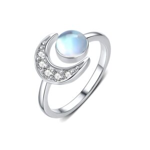 cuoka miracle moon ring, s925 sterling silver crescent moon ring synthetic moonstone open ring adjustable ring gift for women (blue)