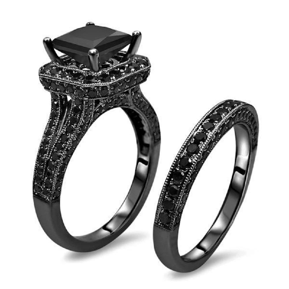 Ritika Created Princess Cut Black Diamond 925 Sterling Silver In 14K Black Gold Over Fashionable Bridal Set Wedding Engagement Ring for Women