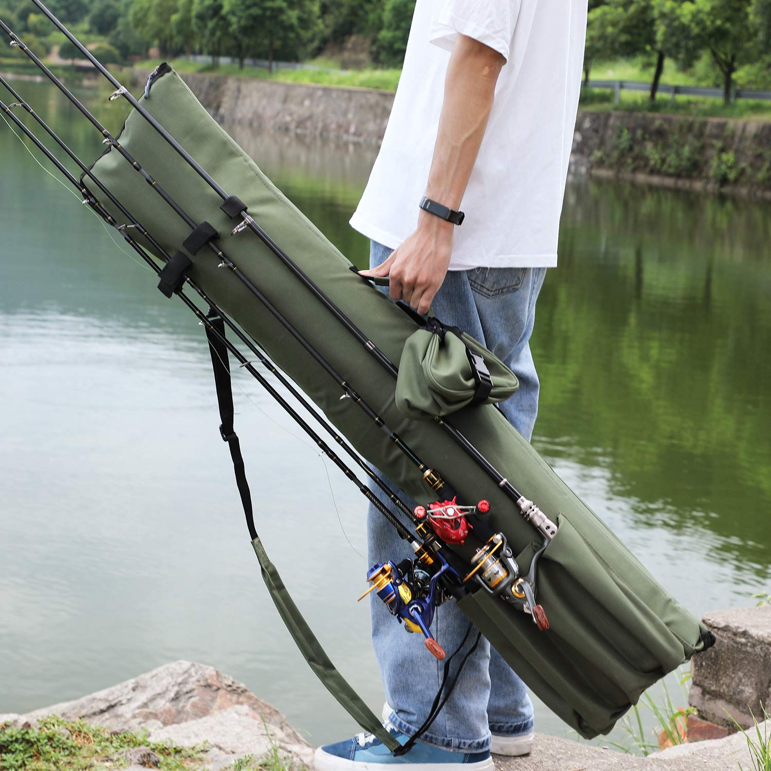 Sougayilang Fishing Rod Bag Canvas Rod Case Organizer Pole Storage Bag Fishing Rod and Reel Carrier Organizer for Travel, Gift for Father, Boyfriend and Family