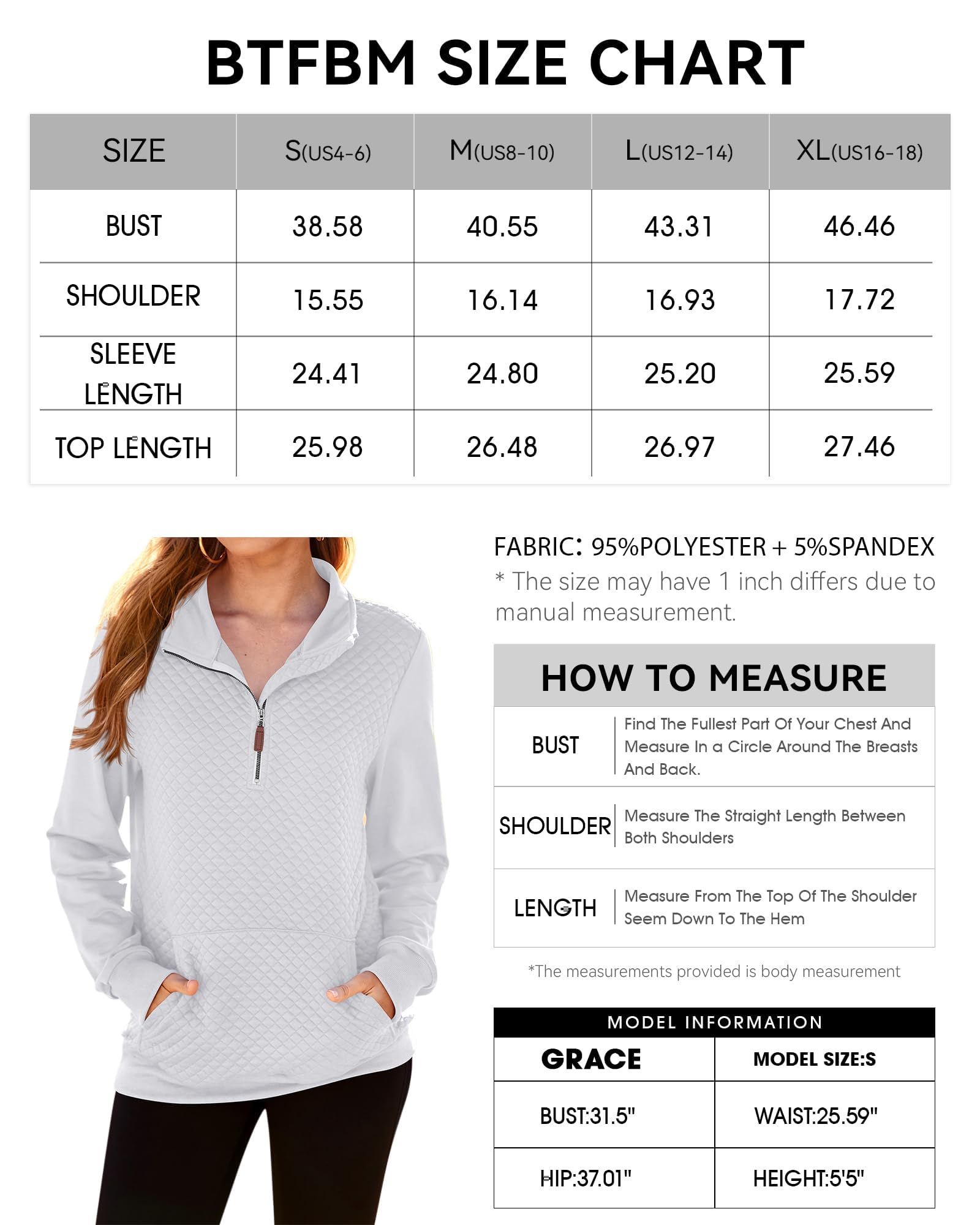 BTFBM Women Fashion Quilted Pattern Lightweight Zipper Long Sleeve Plain Casual Ladies Sweatshirts Pullovers Shirts Tops (White, Large)