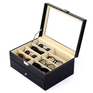 siveit 16 slot sunglass organizer leather eyeglasses collector eyewear display case storage box, black