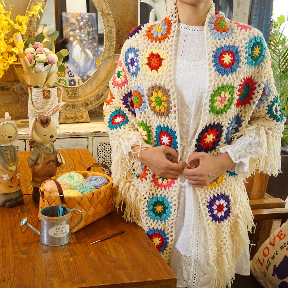 Hblanket Handmade Crochet tassel Shawls Wraps Granny Square Womens Coat Sweater (white) 68x33in