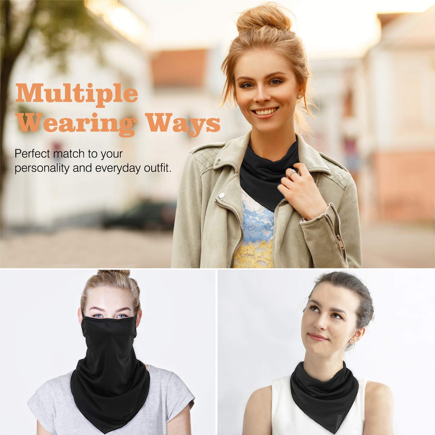 MoKo Scarf Mask Bandana with Ear Loops 3 Pack, Neck Gaiter Balaclava UV Sun Protection Face Mask for Dust Wind Outdoors Motorcycle Cycle Bandana Headband for Women Men - Black