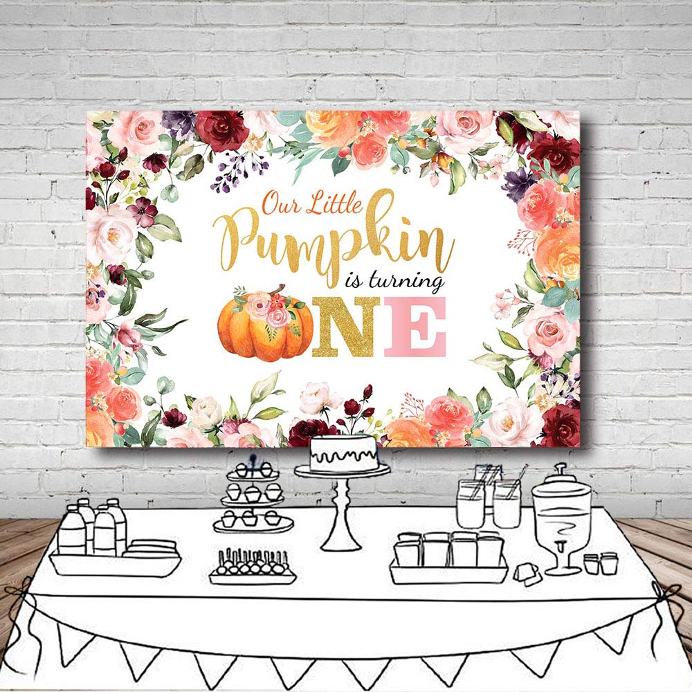 MEHOFOTO Fall Pumpkin Girl Birthday Party Photo Background Banner Autumn Floral Our Little Pumpkin Princess Happy 1st Birthday Pink Gold Backdrops Props for Cake Table Supplies 5x3ft