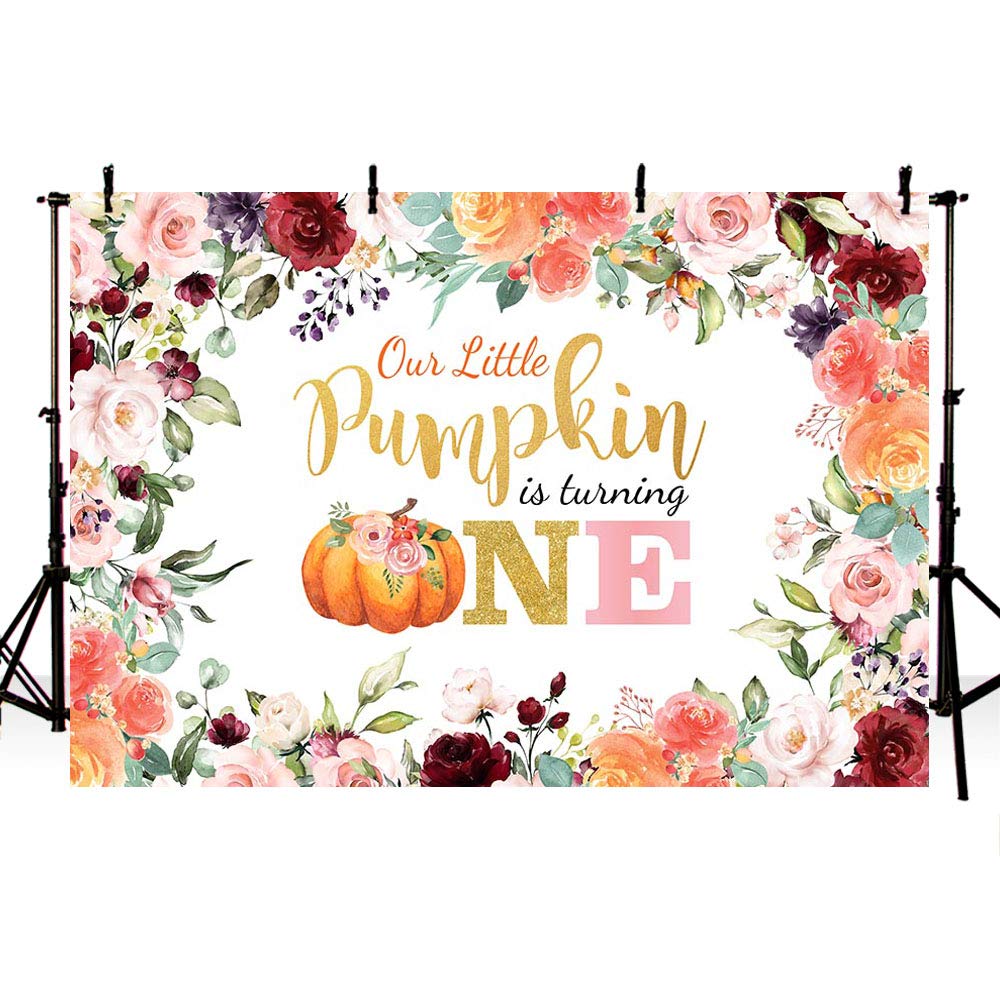 MEHOFOTO Fall Pumpkin Girl Birthday Party Photo Background Banner Autumn Floral Our Little Pumpkin Princess Happy 1st Birthday Pink Gold Backdrops Props for Cake Table Supplies 5x3ft