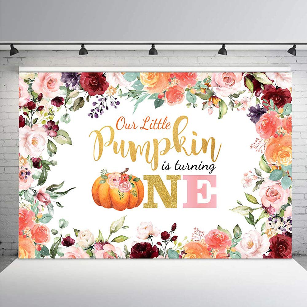 MEHOFOTO Fall Pumpkin Girl Birthday Party Photo Background Banner Autumn Floral Our Little Pumpkin Princess Happy 1st Birthday Pink Gold Backdrops Props for Cake Table Supplies 5x3ft