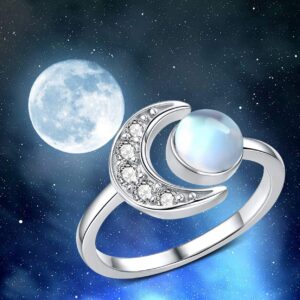 CUOKA MIRACLE Moon Ring, S925 Sterling Silver Crescent Moon Ring Synthetic Moonstone Open Ring Adjustable Ring Gift for Women (Blue)