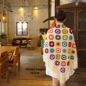 Hblanket Handmade Crochet tassel Shawls Wraps Granny Square Womens Coat Sweater (white) 68x33in