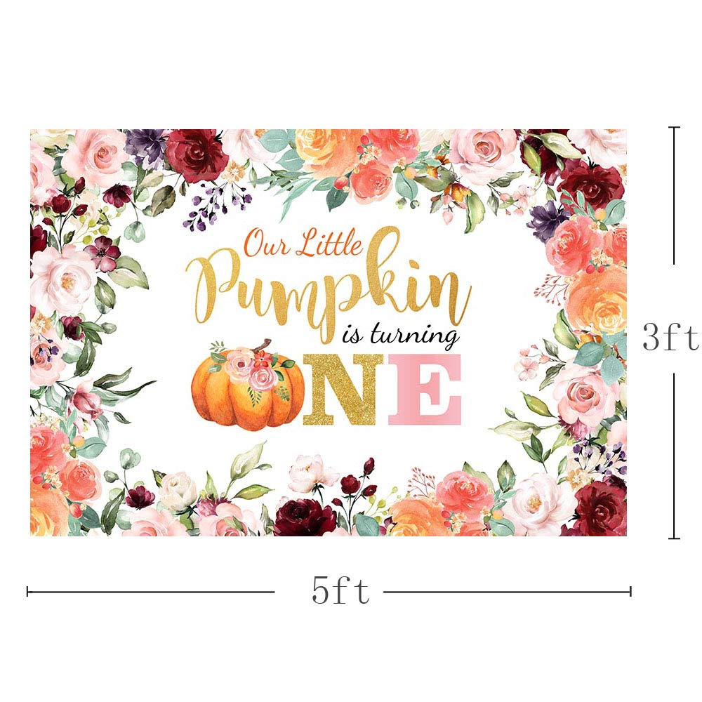 MEHOFOTO Fall Pumpkin Girl Birthday Party Photo Background Banner Autumn Floral Our Little Pumpkin Princess Happy 1st Birthday Pink Gold Backdrops Props for Cake Table Supplies 5x3ft