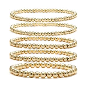 glbcc gold beaded bracelet set for women stack 14 k real gold plated ball bracelets elastic string bracelet 4 mm 5 mm 6mm small beads friendship bracelet for men (gold)