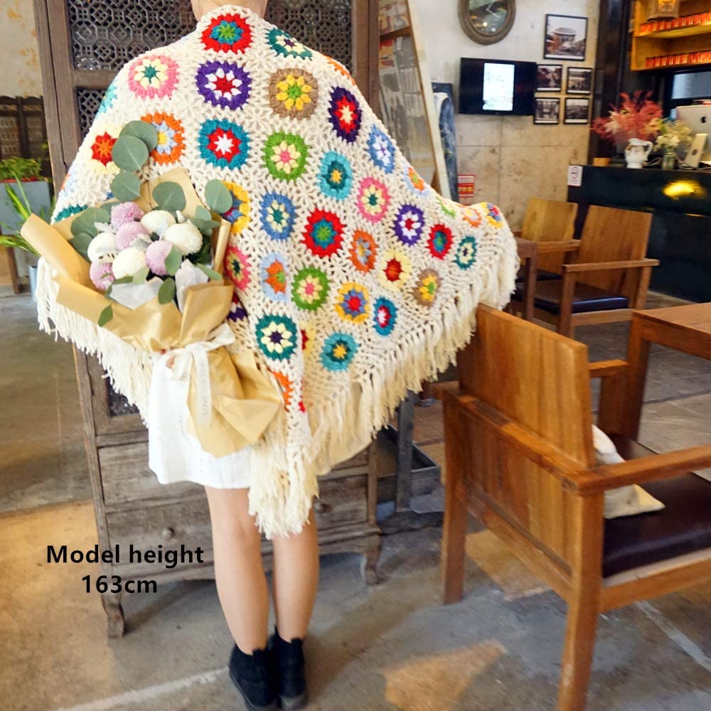 Hblanket Handmade Crochet tassel Shawls Wraps Granny Square Womens Coat Sweater (white) 68x33in