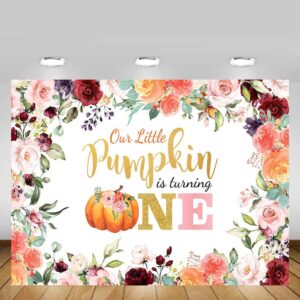 MEHOFOTO Fall Pumpkin Girl Birthday Party Photo Background Banner Autumn Floral Our Little Pumpkin Princess Happy 1st Birthday Pink Gold Backdrops Props for Cake Table Supplies 5x3ft