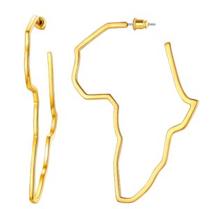 u7 african map earrings, 18k gold plated lightweight dangle earrings with silver post extra large statement hip hop africa shape earrings for women