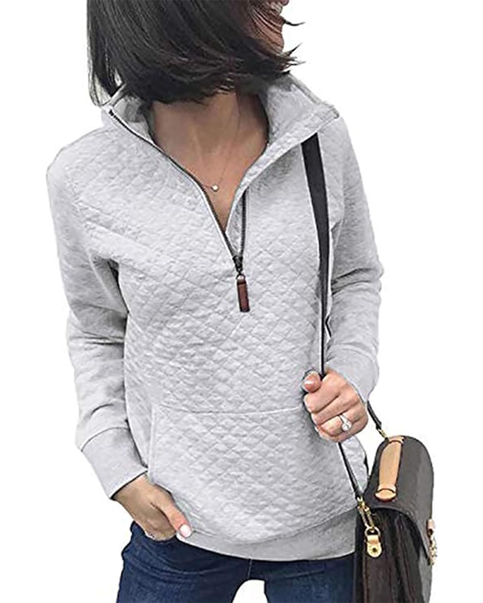 BTFBM Women Fashion Quilted Pattern Lightweight Zipper Long Sleeve Plain Casual Ladies Sweatshirts Pullovers Shirts Tops (White, Large)