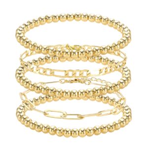 aratlench beaded bracelet link chain bracelet set for women stack stretch beads bracelets minimlist paperclip figaro link chain for women(gold bracelet set)