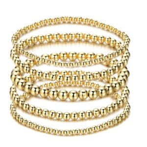 aratlench beaded bracelet for women stack stretch string brass ball beads bracelet set for girls (5 pcs gold beads bracelet)