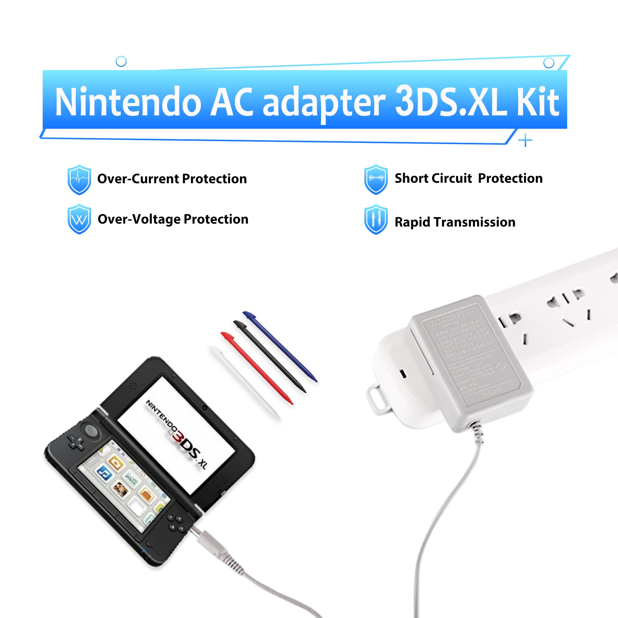 3DS XL Charger Kit, AC Power Adapter Charger and Stylus Pen for Nintendo 3DS XL, Wall Travel Charger Power Cord Charging Cable