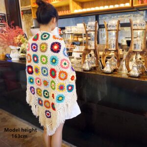 Hblanket Handmade Crochet tassel Shawls Wraps Granny Square Womens Coat Sweater (white) 68x33in