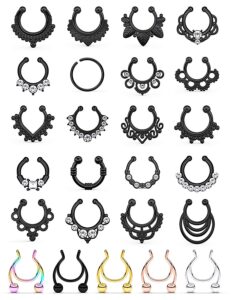 prjndjw fake septum nose hoop rings stainless steel faux lip ear nose septum ring non piercing clip on nose hoop rings body piercing jewelry 25pcs women man black